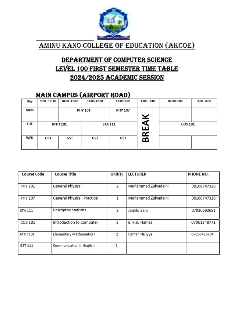 Computer 100 First Semester Main Campus Timetable | PDF