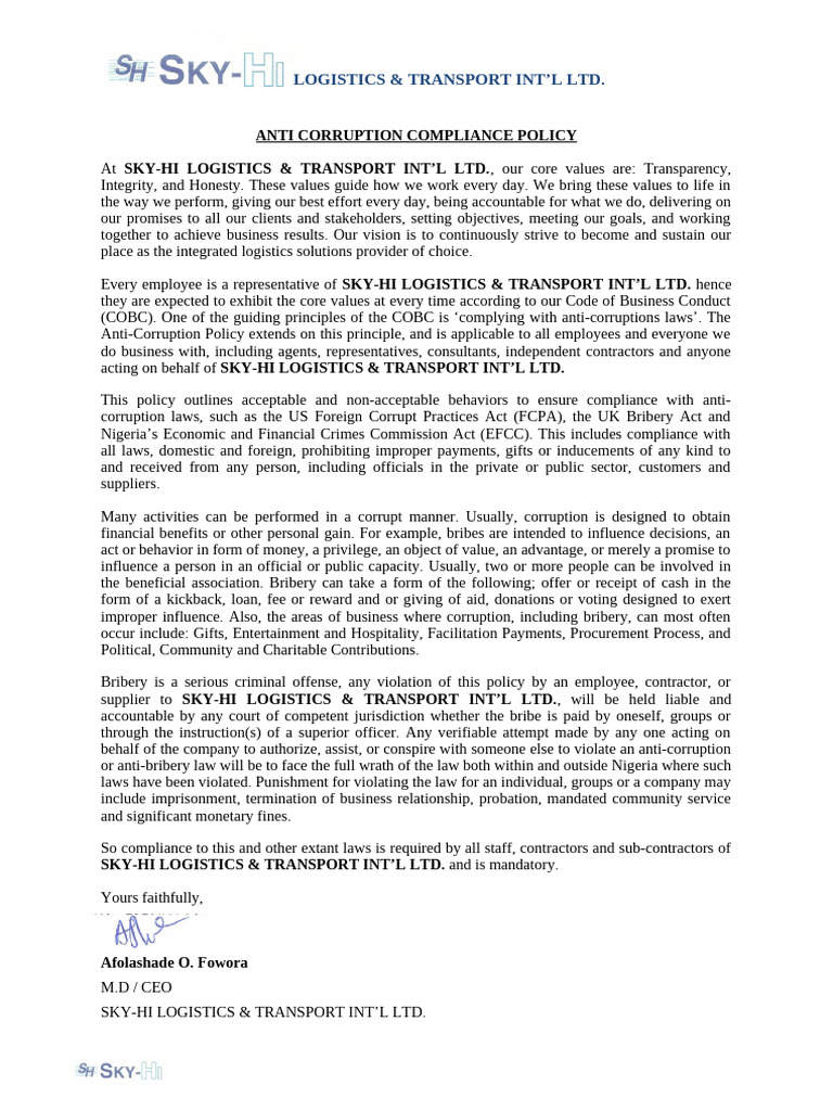 Anti-Corruption Compliance Policy Guide | PDF | Bribery | Business