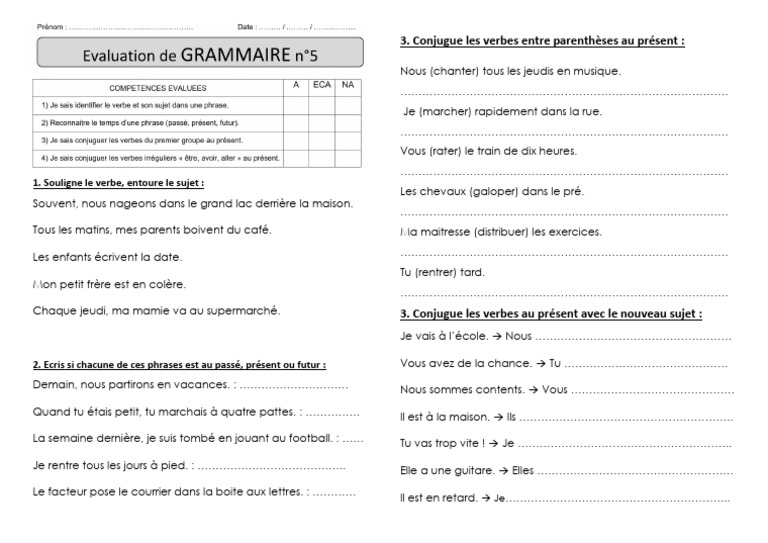Evaluation Le Present Des Verbes en Er | PDF
