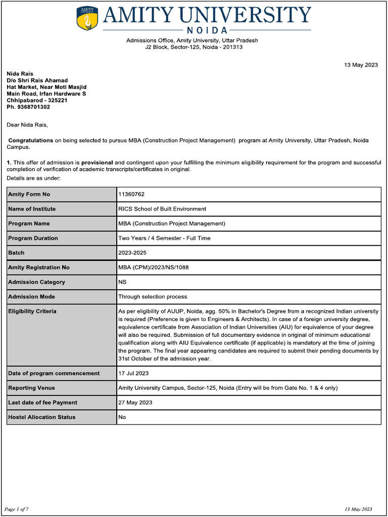 Amity Admission RICS | PDF