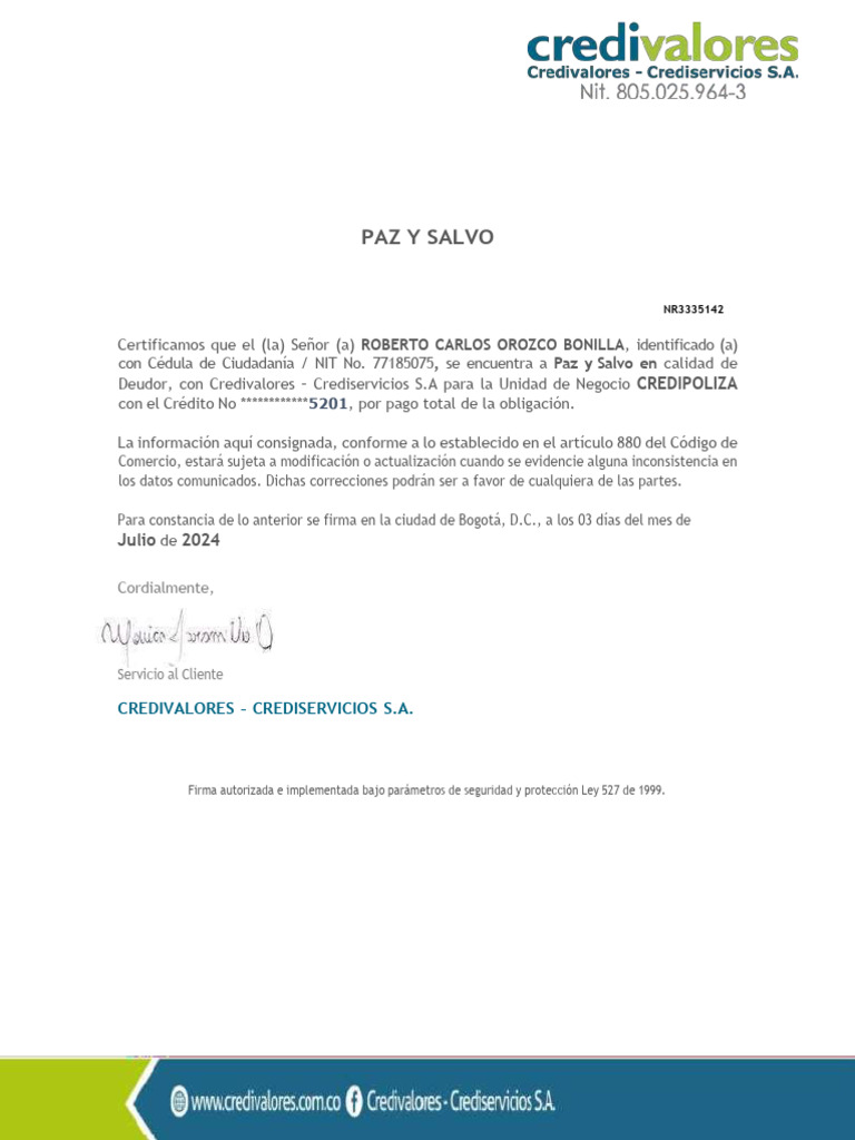 Paz-y-Salvo-credivalores (1) | PDF