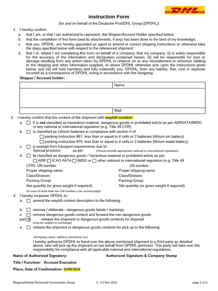 Instruction Form DHL Declaration No | PDF