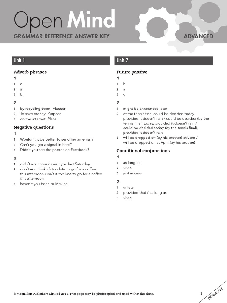 Open Mind Advanced Student's Book Grammar Reference Answer Key | PDF