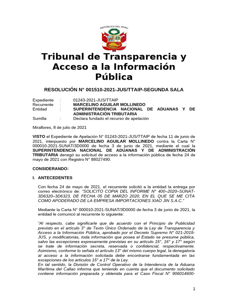 Exp. 1243-2021 - Marcelino Aguilar Vs SUNAT (Informe Parte de ...