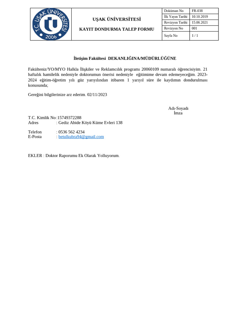z7GIMY3gVn - FR-038-Kayıt Dondurma Talep Formu | PDF