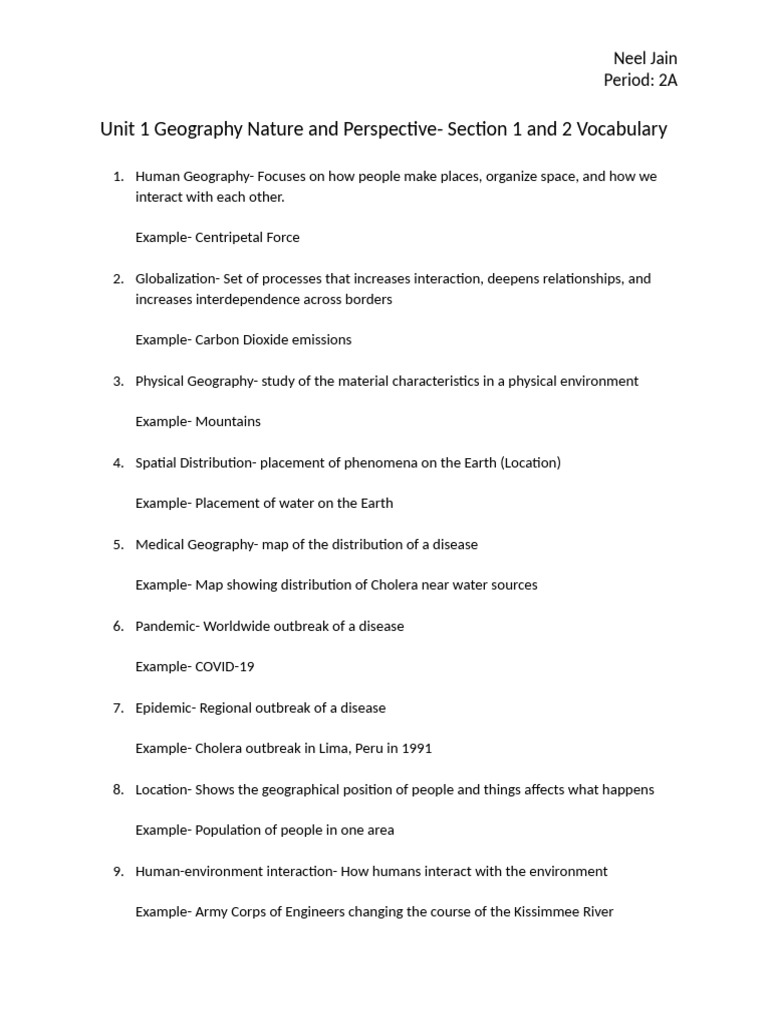Unit 1 Geography Nature and Perspective - Section 1 and 2 Vocabulary | PDF