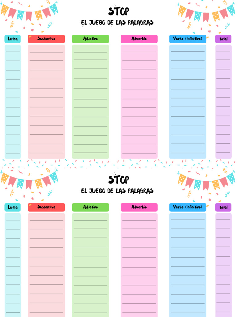 Stop Game (Tutti Frutti) Printable Worksheet | PDF