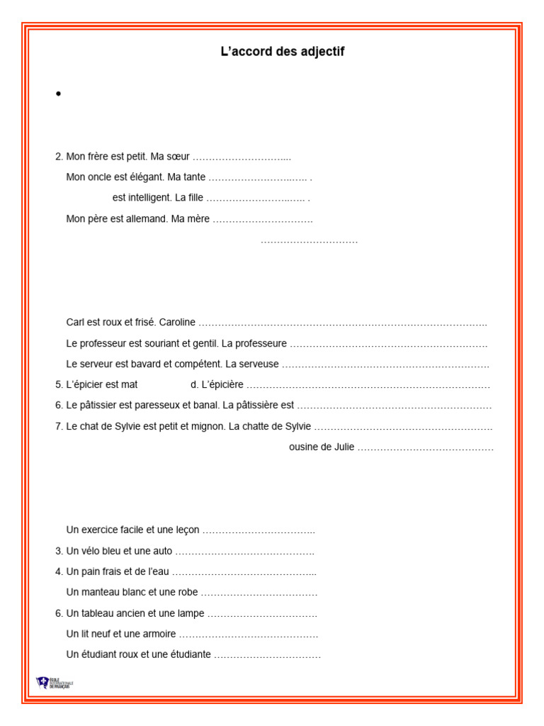 Le Genre Et Le Pluriel Des Adjectifs Exercices Et Corrigé | PDF