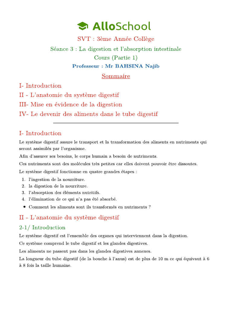 Seance 3 La Digestion Et L Absorption Intestinale Cours Partie 1 2 | PDF