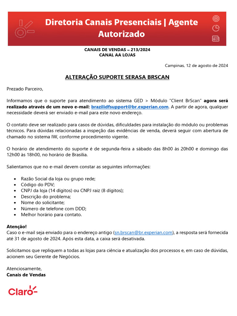 Comunicaç - o Canais de Vendas - 2132024 - Alteraç - o Suporte Serasa ...