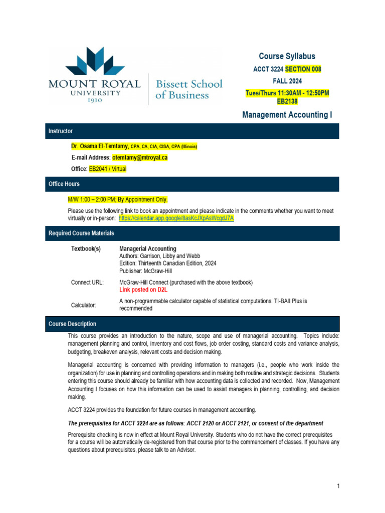 ACCT 3224 Course Outline F2024 - TR | PDF
