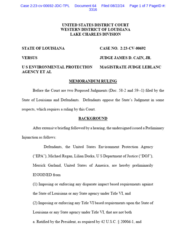 Judge James Cain's Ruling Against EPA | PDF | Injunction | Social Science