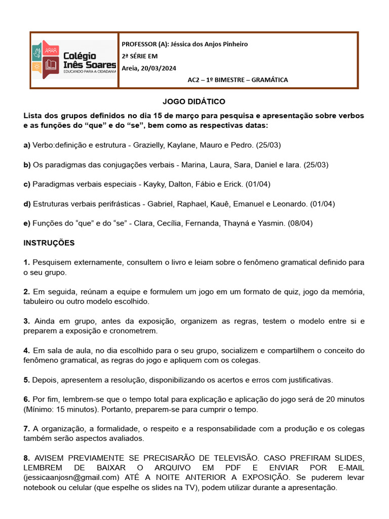Ac2 - 1º Bim - Gram - 2º Médio | PDF