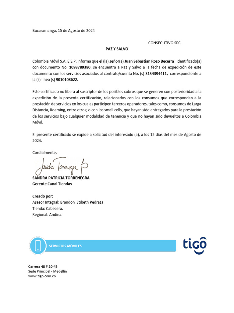 Juan Sebastian Rozo BecerraPAZ Y SALVO | PDF