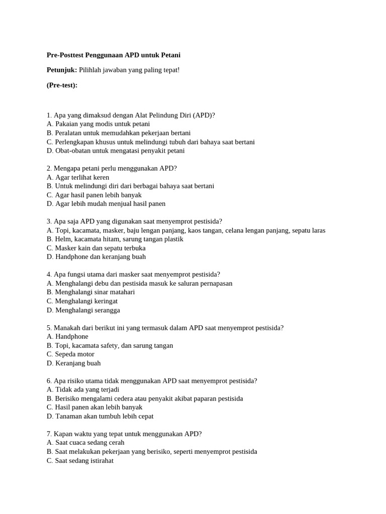 Pre-Posttest Penggunaan APD Untuk Petani Petunjuk: (Pre-Test) | PDF