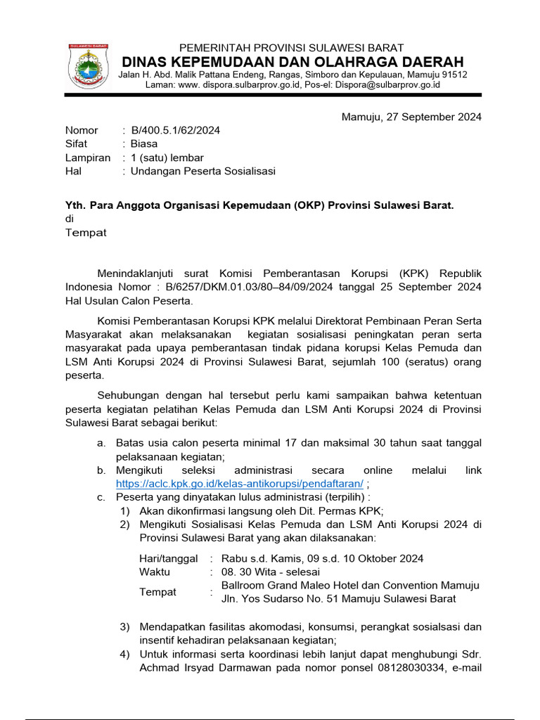 SURAT UNDANGAN PESERTA OKP Dari KPK | PDF