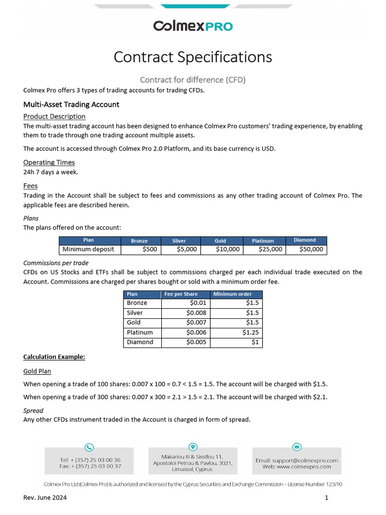 Contract Specifications - Colmex Pro Ltd-CFD's | PDF