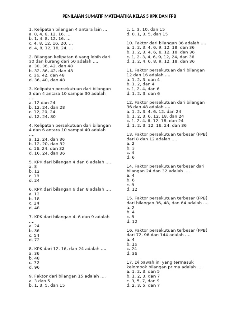 Soal KPK Dan FPB Kelas 5 Kurikulum Merdeka | PDF