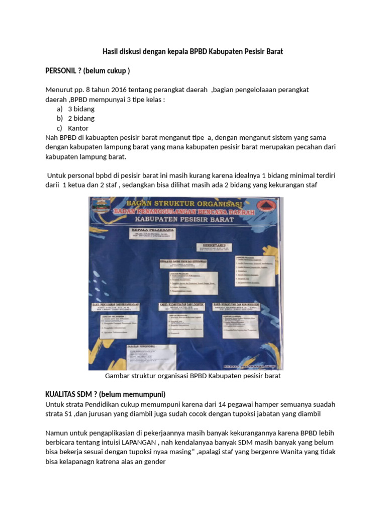 Hasil diskusi dengan kepala BPBD Kabupaten Pesisir Barat | PDF