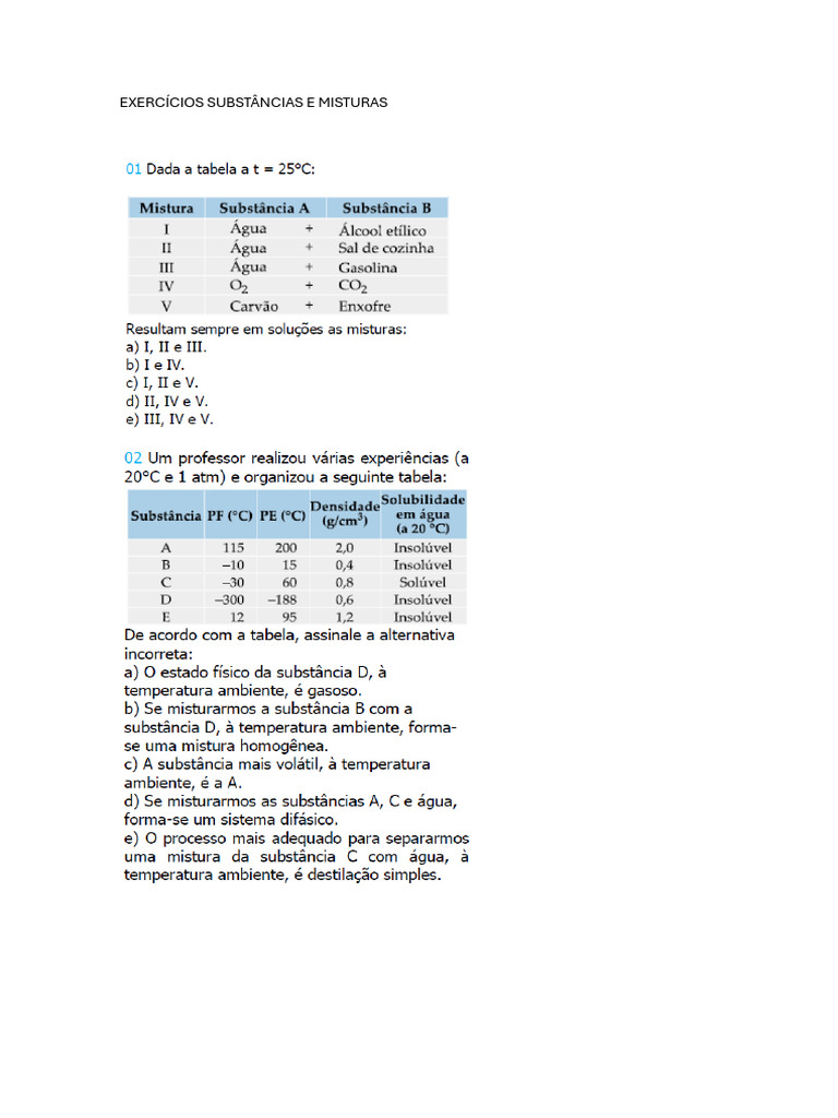 Exerc Cios Subst Ncias e Misturas | PDF
