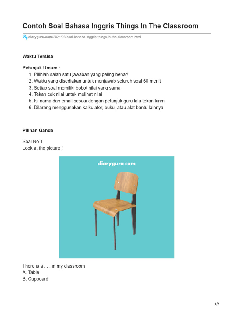 Contoh Soal Bahasa Inggris Things in The Classroom | PDF