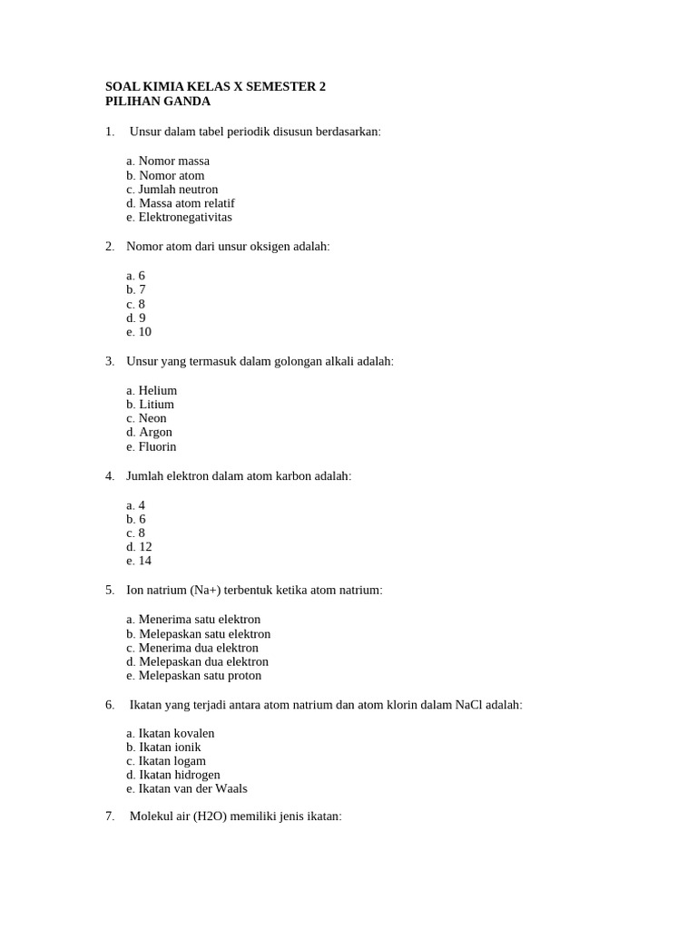 Soal Kimia Kelas X Semester 2 | PDF