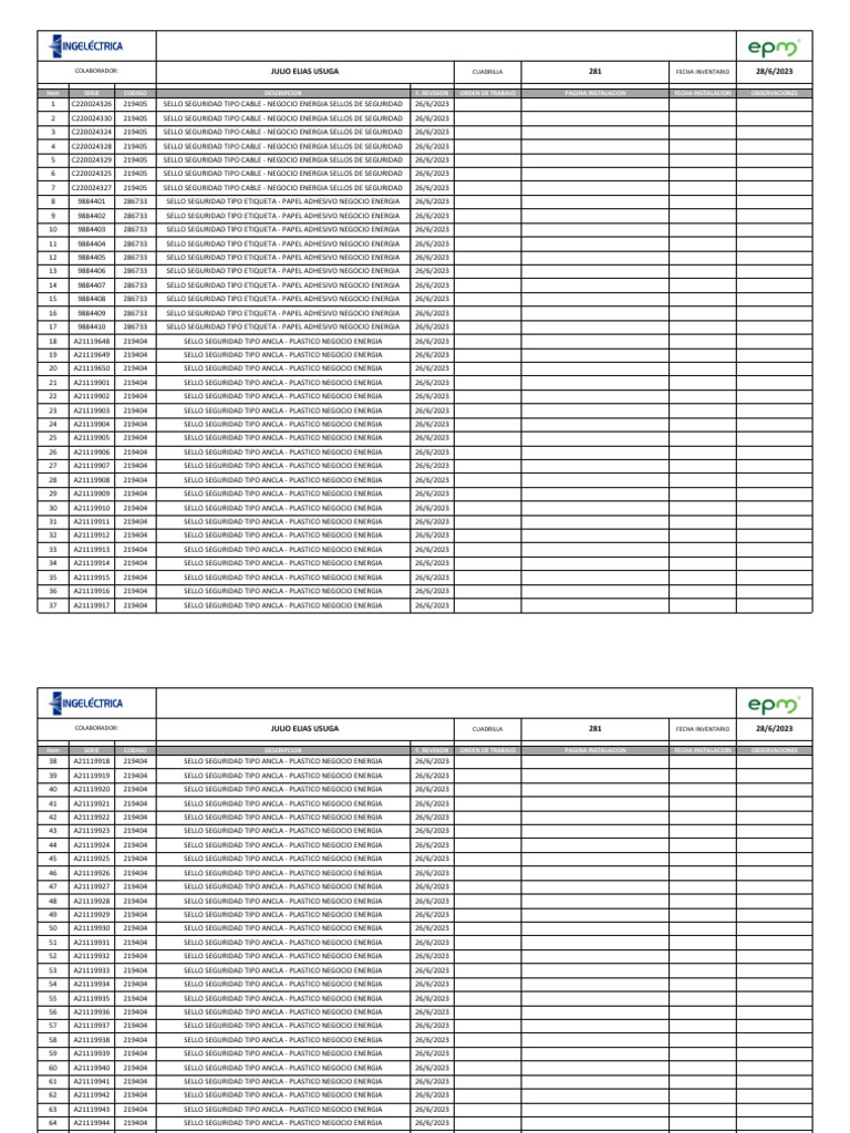 INVENTARIO MATERIAL C281 JULIO ELIAS USUGA JUNIO 2023 Sellos | PDF