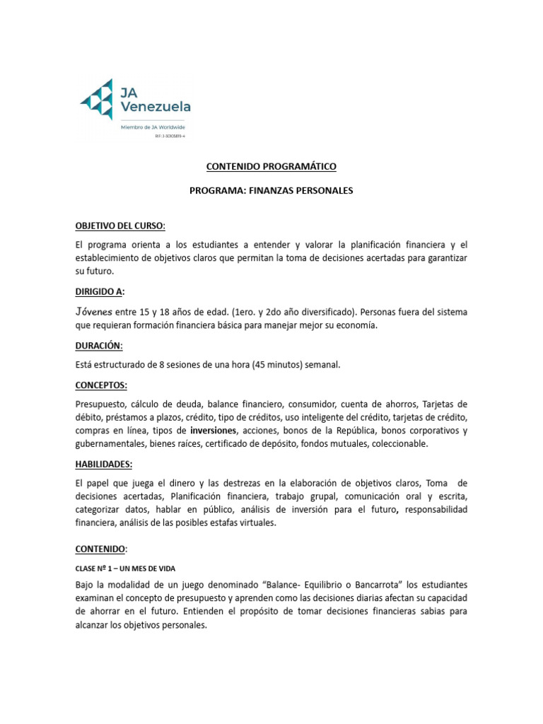 Contenido Del Programa Finanzas Personales | PDF