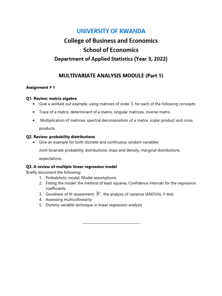 Multivariate Analysis Assignment 1 - 2022 | PDF