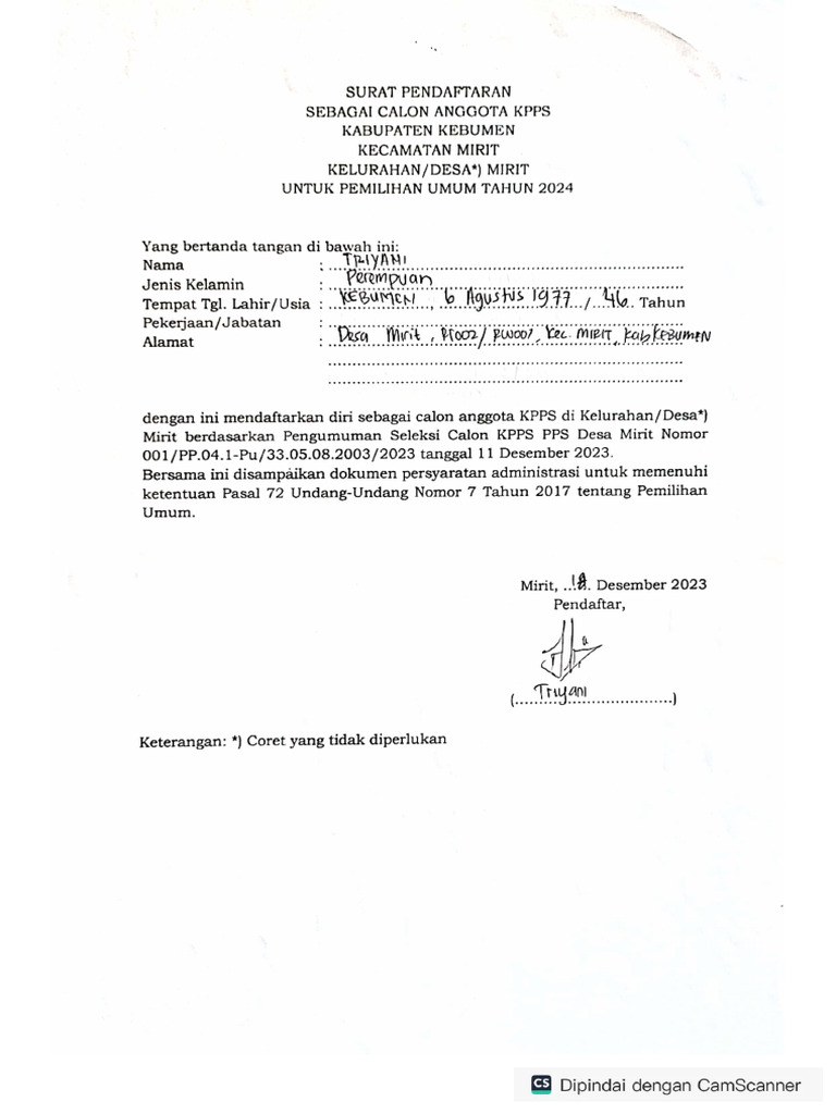 Surat Pendaftaran - Triyani | PDF