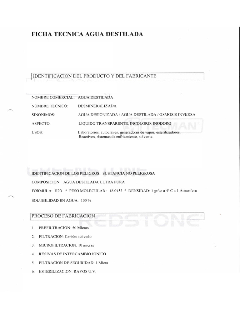 Ficha Tecnica Agua Destilada | PDF | Materiales | Ciencia y matemática