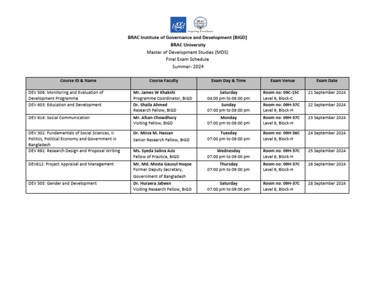 MDS Final Exam Schedule - Summer 2024 | PDF