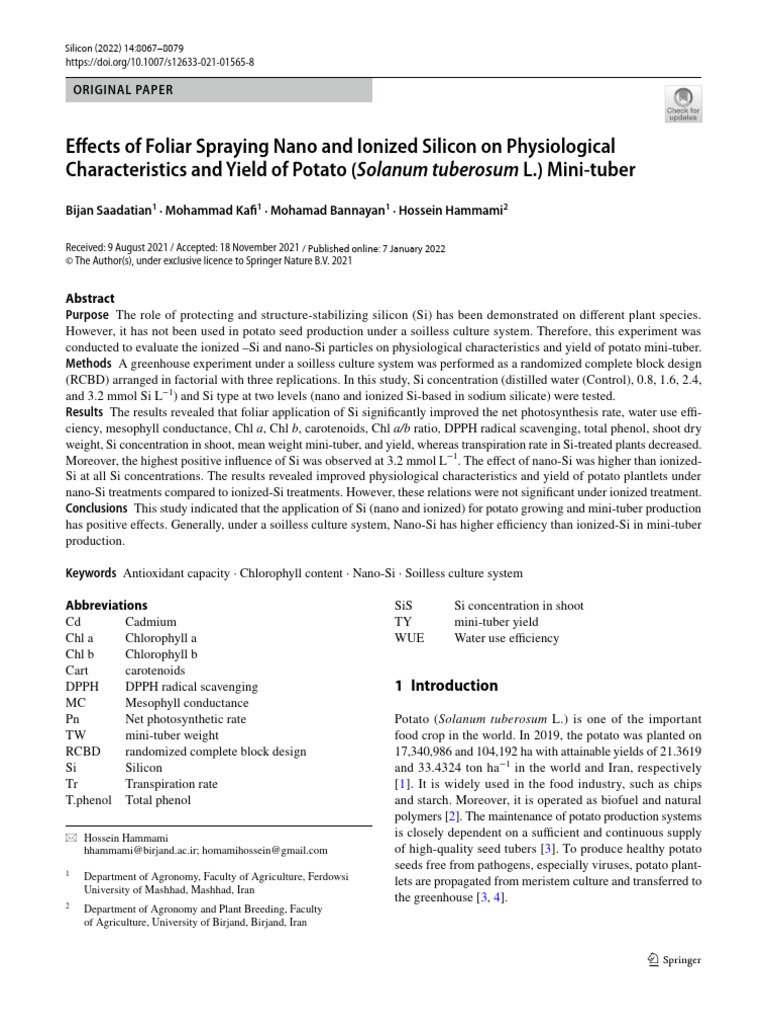 Effects of Foliar Spraying Nano and Ionized Silicon On Physiological ...