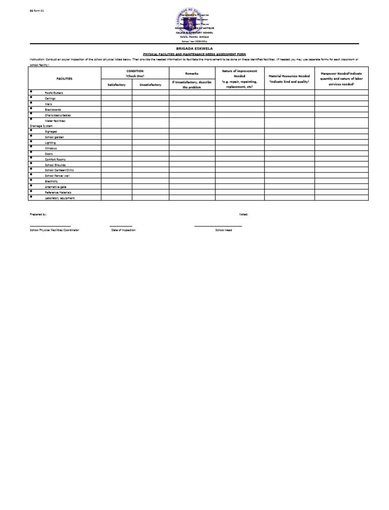 2 Be Form 1 Physical Facilities and Maintenance Needs Assessment Form 1 | PDF