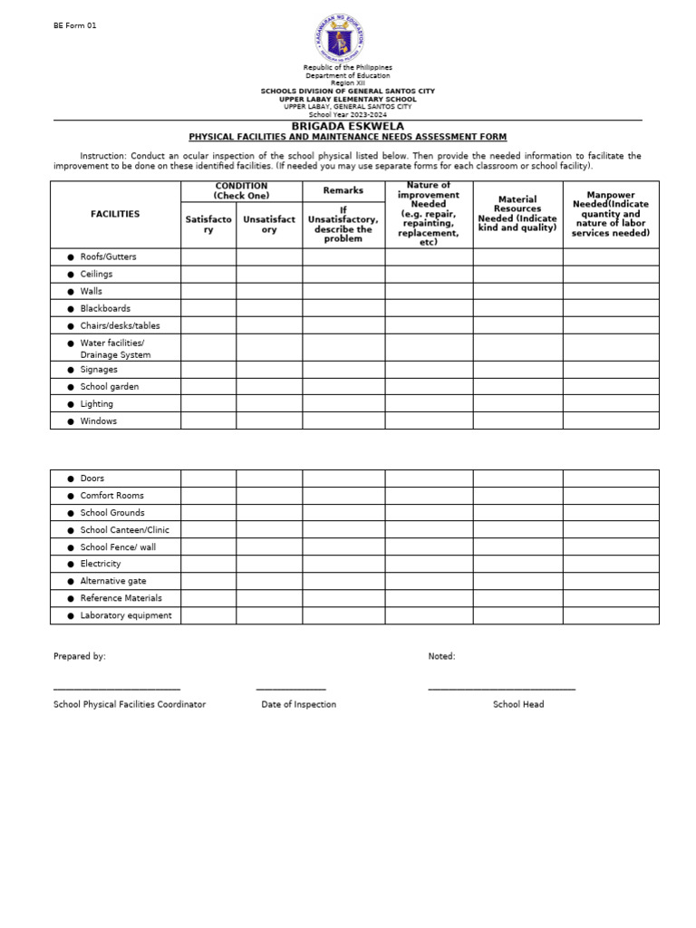 2 Be Form 1 Physical Facilities and Maintenance Needs Assessment Form 1 | PDF