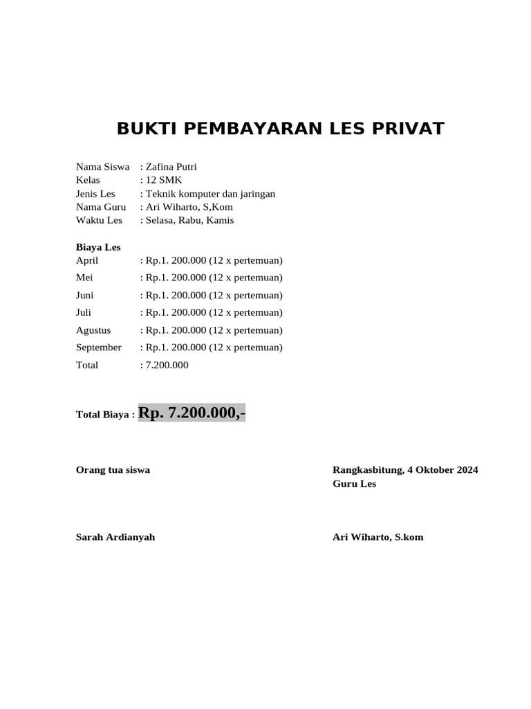 Bukti Pembayaran Les Privat | PDF