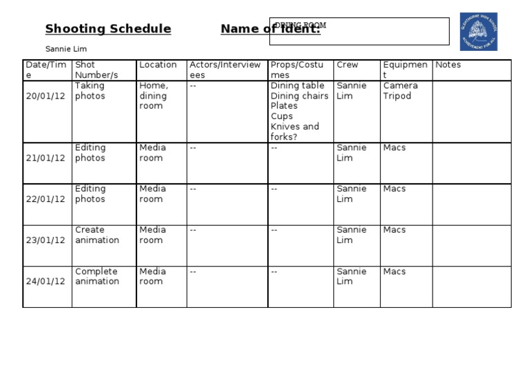Dining Room Photo Shoot Schedule | PDF