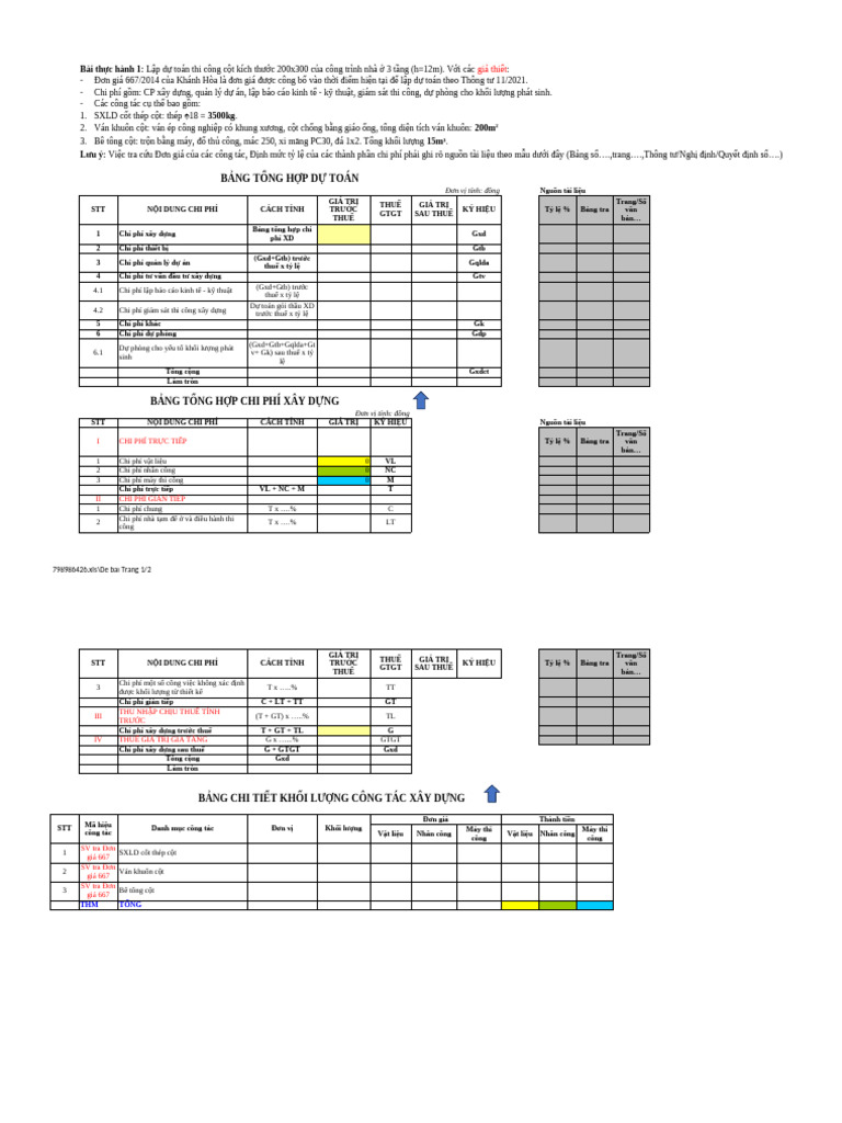 BTH1 Lập dự toán Cột | PDF