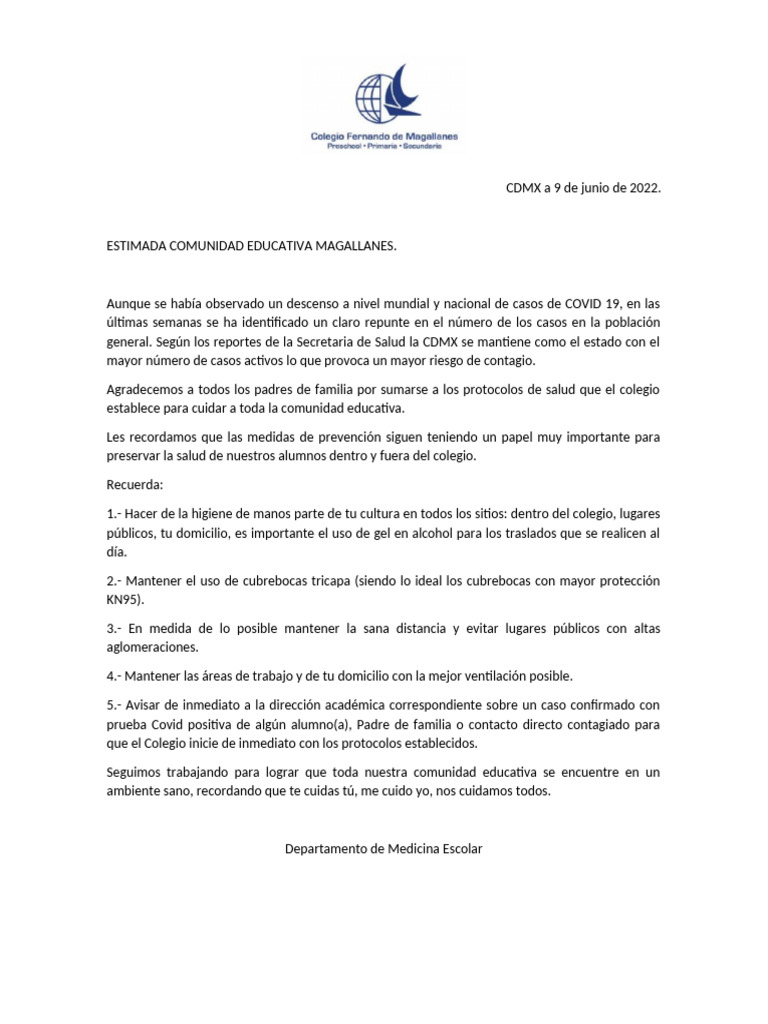 Carta Covid Recordatorio. - FLfyIV | PDF
