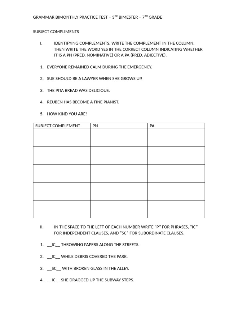 Grammar 3RD Bimonthly Practice Test - 7TH Grade | PDF