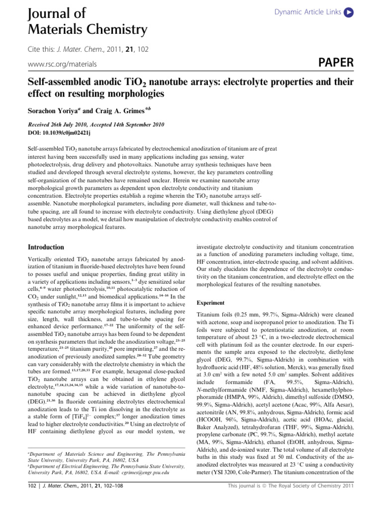 TiO2 Nanotube Arrays | PDF