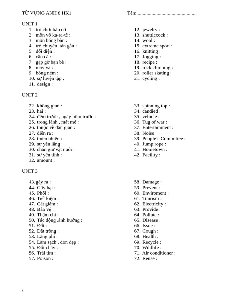bài tập unit 1 (l2) | PDF