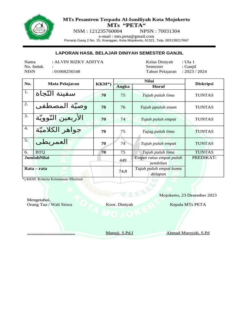 Rapot Diniyah 2023-2024 | PDF