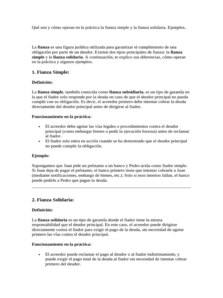 Qué Son y Cómo Operan en La Práctica La Fianza Simple y La Fianza Solidaria | PDF
