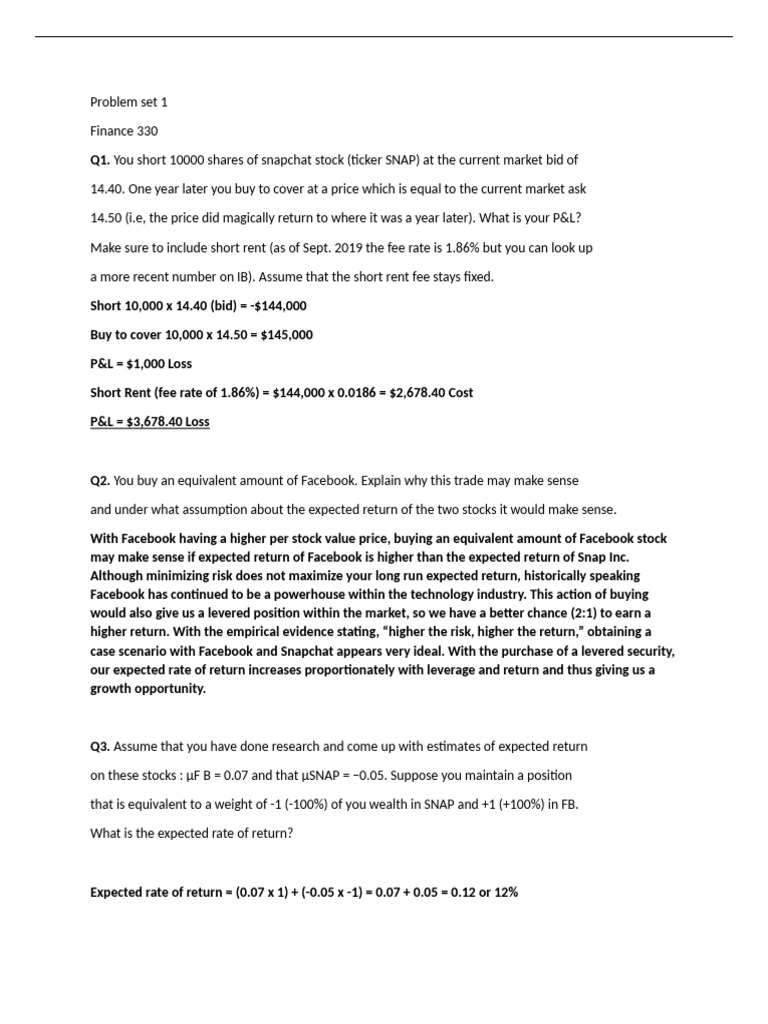 Problem Set 1 Fin 330 | PDF