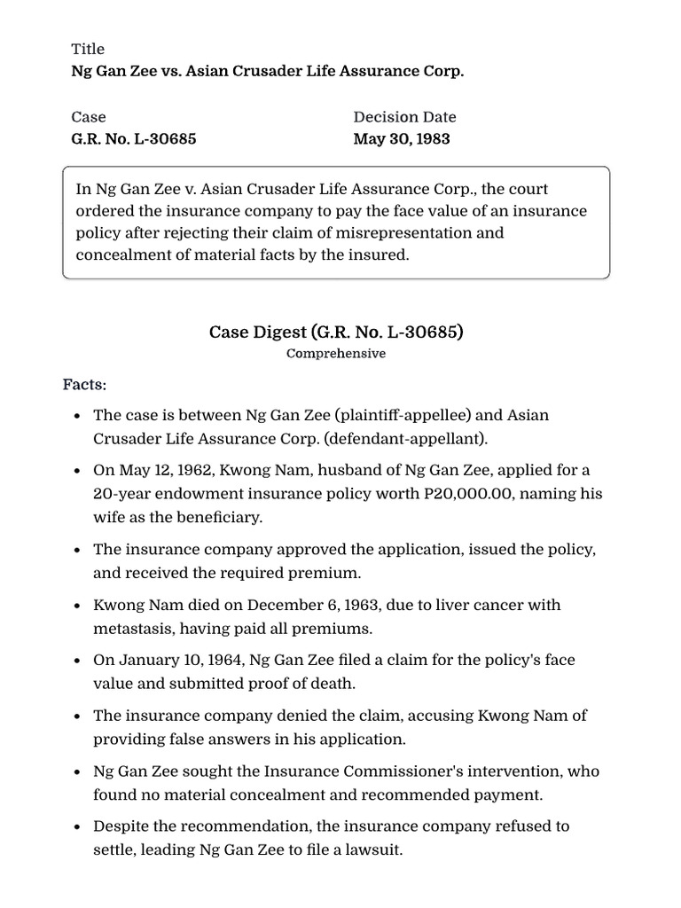 NG Gan Zee vs. Asian Crusader Life Assurance Corp. | PDF