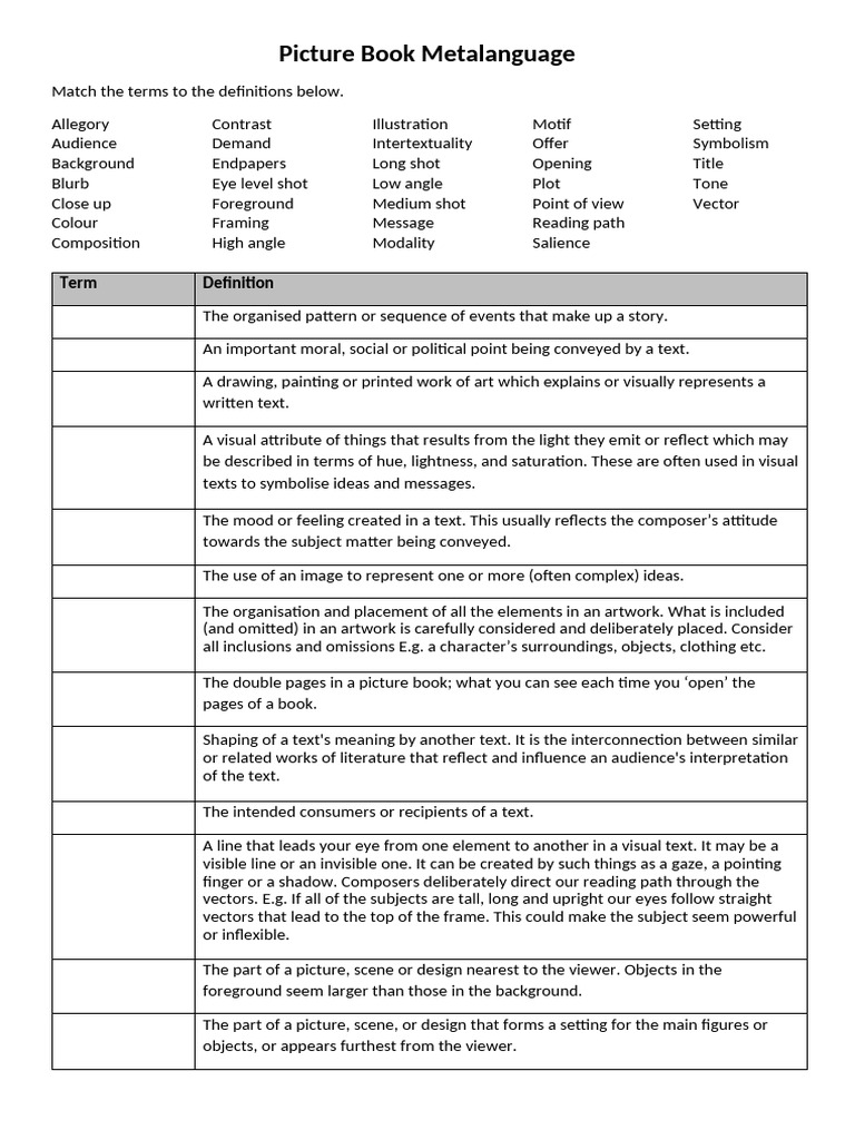 03a Picture Book Metalanguage Mix and Match | PDF