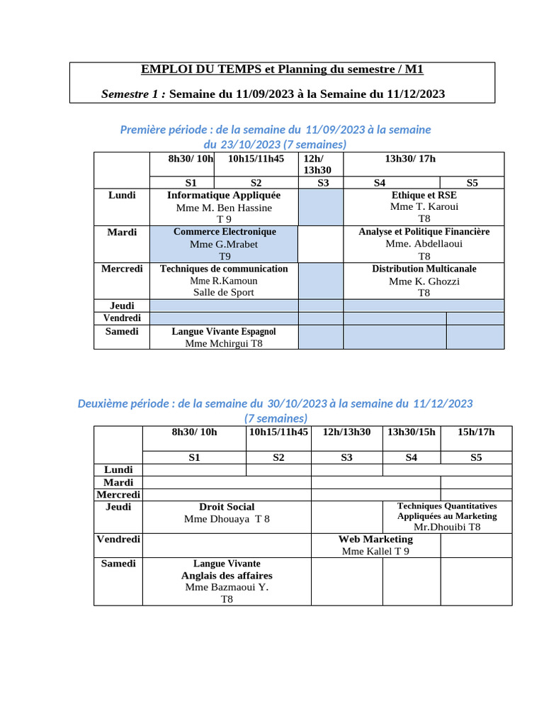 Emploi Du Temps 12 Promo M1 CD S 1 2023 | PDF