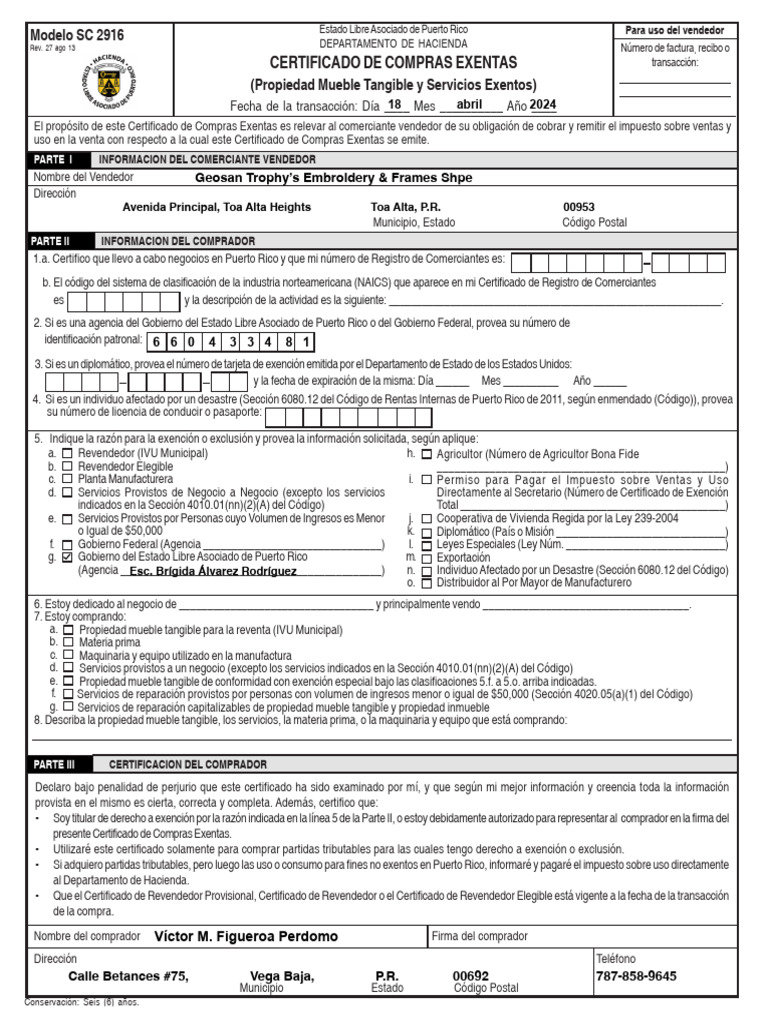 Certificado de Compras Exentas: Modelo SC 2916 | PDF