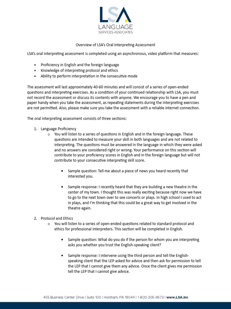 Description of LSA's Oral Interpreting Assessment - 5.2024 | PDF ...
